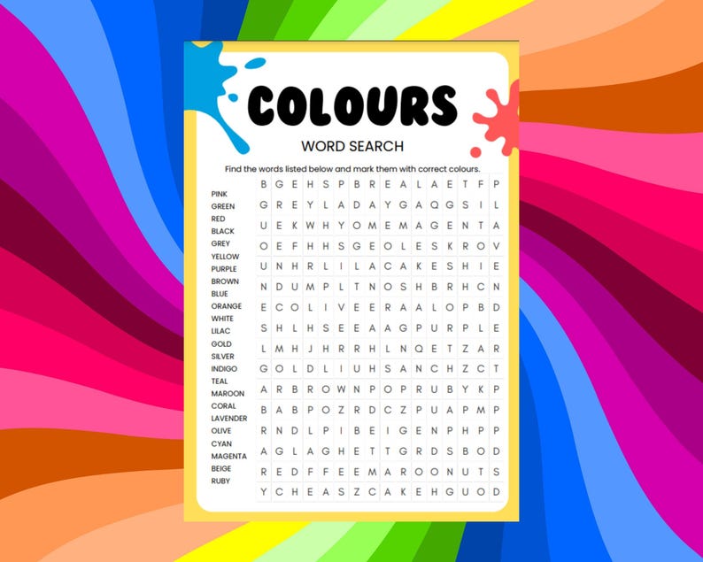 Hard Colours Word Search Printable: Fun Puzzle Game (PDF) - Etsy