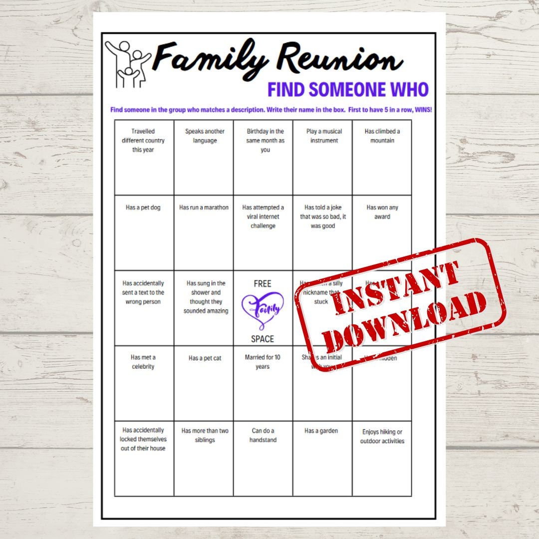 Find the Guest Bingo, Find Someone Who, Family Reunion, Family Reunion ...