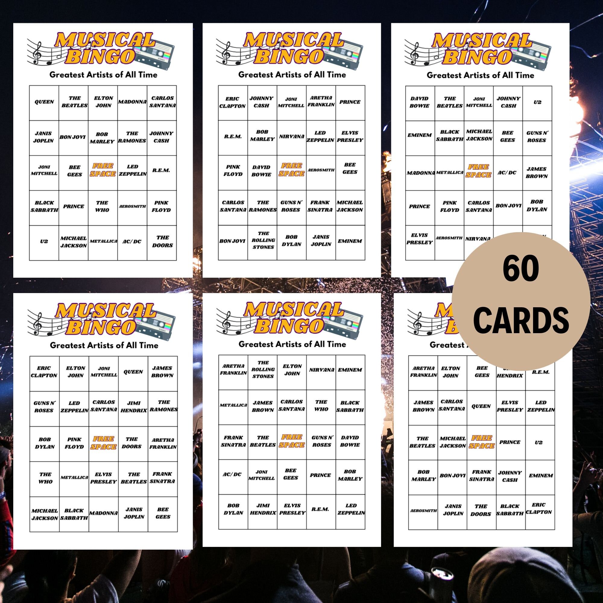 Greatest Artists of All Time Bingo, Musical Bingo Game, Bingo Cards ...