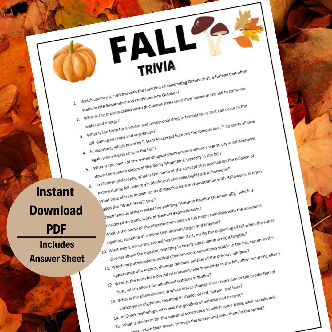 Fall Trivia Game Fall Trivia Printable Game Seniors Game for Fall ...