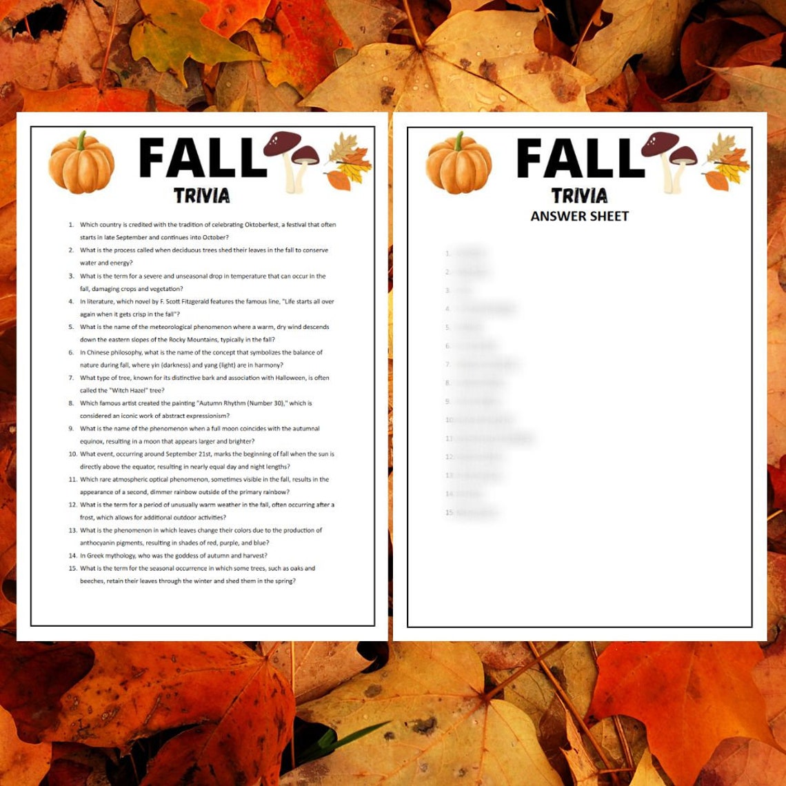 Fall Trivia Game | Fall Trivia Printable Game | Seniors Game for Fall ...