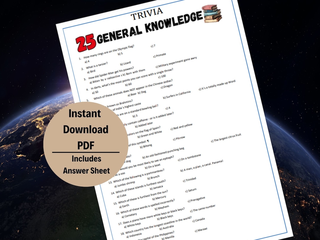 General Knowledge Trivia Quiz: 25 Questions (printable PDF) - Etsy