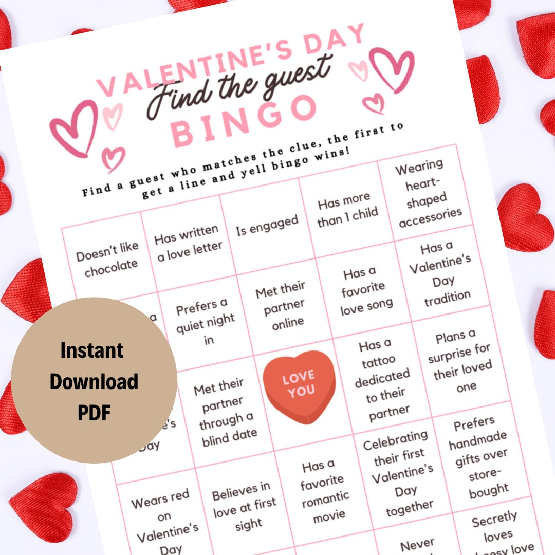Valentines Day Find the Guest Bingo Game| Printable Valentine Game ...
