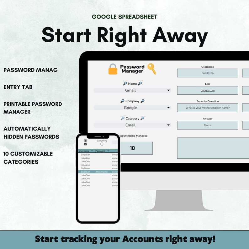 Password Tracker Google Sheet: Printable Account Login Organizer ...