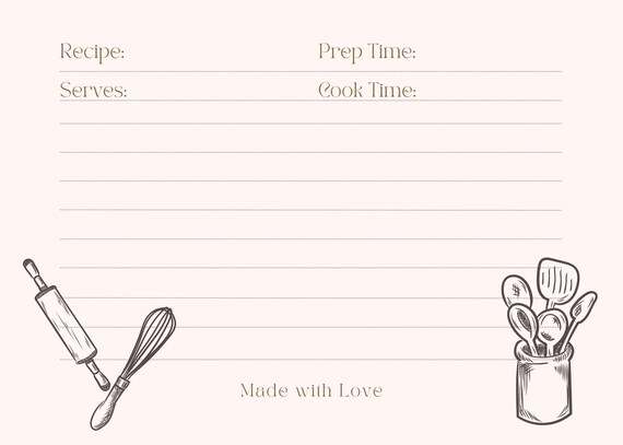 Printable Kitchen Recipe Card Template - Etsy