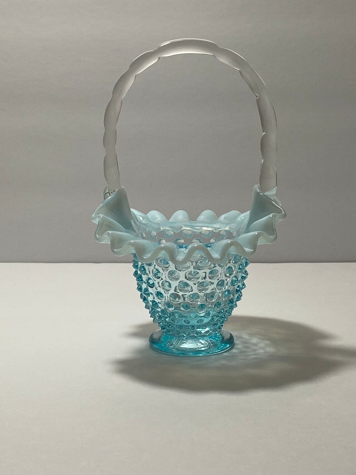 Fenton Art Glass Blue Opalescent Hobnail Ruffled Edge Basket - Etsy