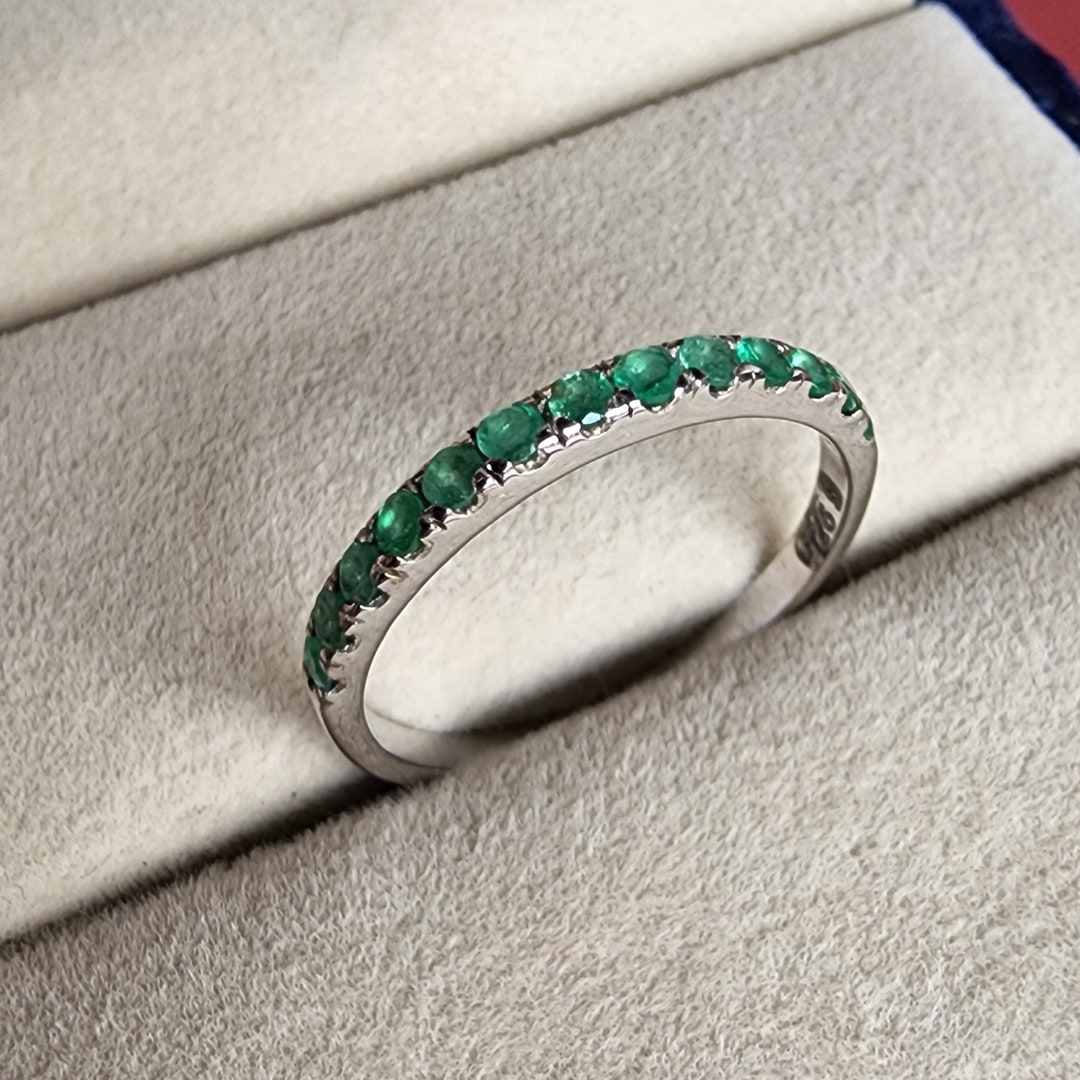 Natural Emerald Wedding Band, Sterling Silver Band, Emerald Half ...