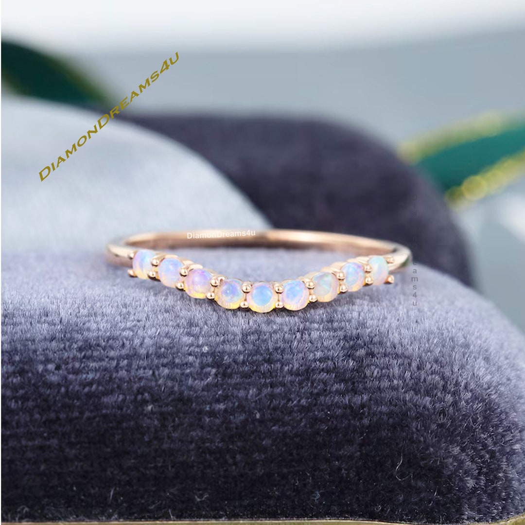 Opal Curved Wedding Band, Opal Band for Women, 14K Rose Gold Band Opal ...