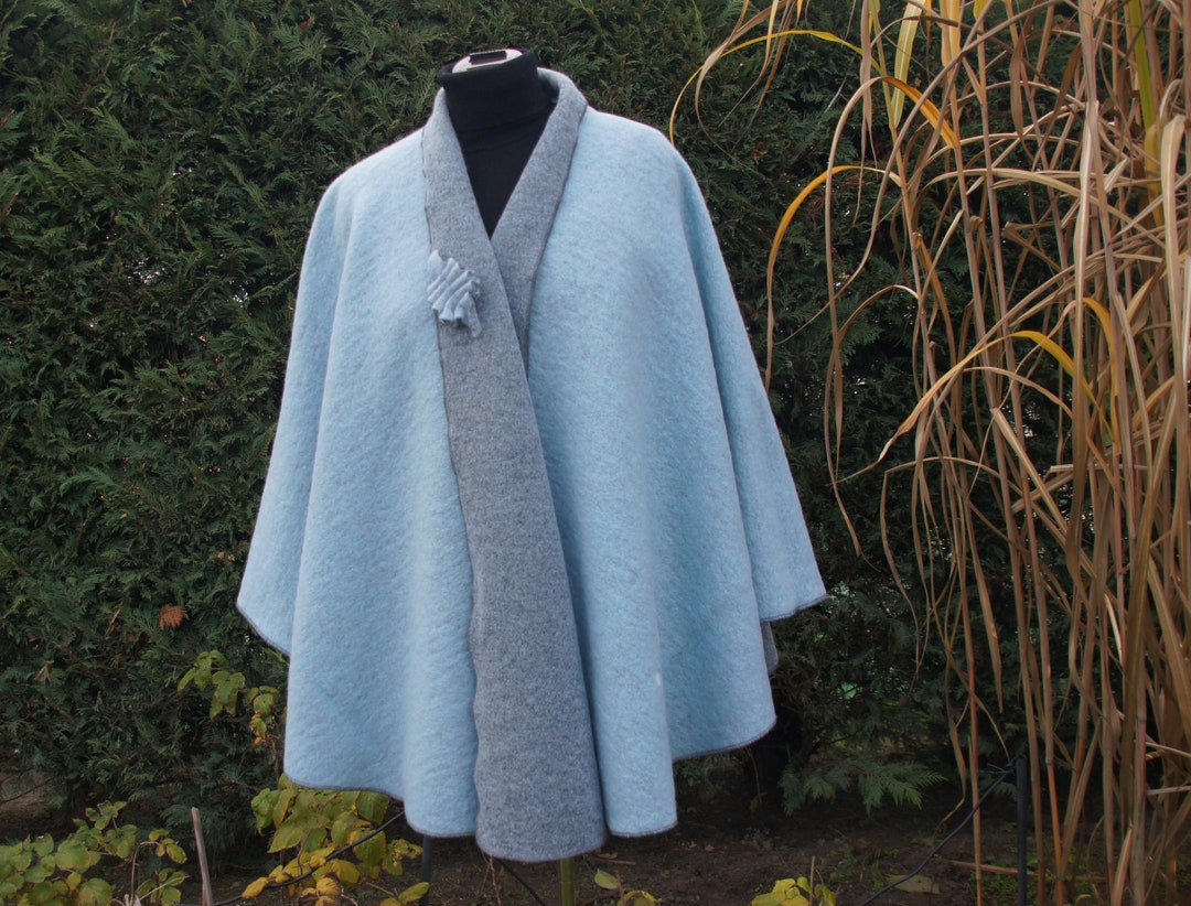 Women's Reversible Wool Cape / Poncho / Cloak in Light Blue-ice Blue ...