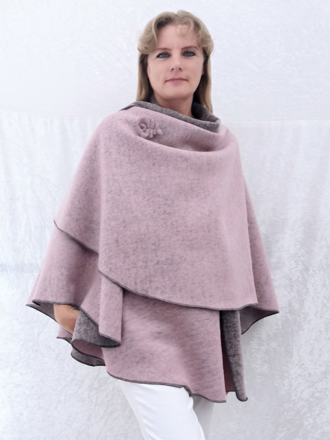Women's Reversible Wool Poncho in Antique Rose, Also Available in Grey ...