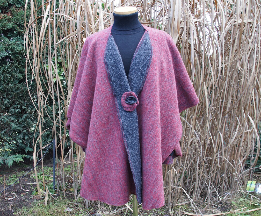 Cape, Poncho Cape Reversible Made of Wool Felt in Red, Grey, Pink, Blue ...