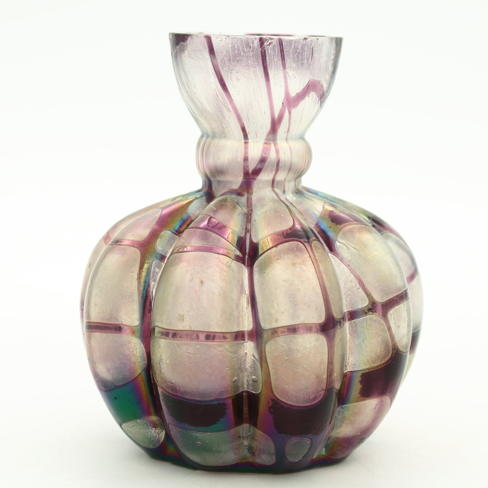 Kralik Lobbed Vase Iridescent Glass With Amethyst Veined Threading - Etsy