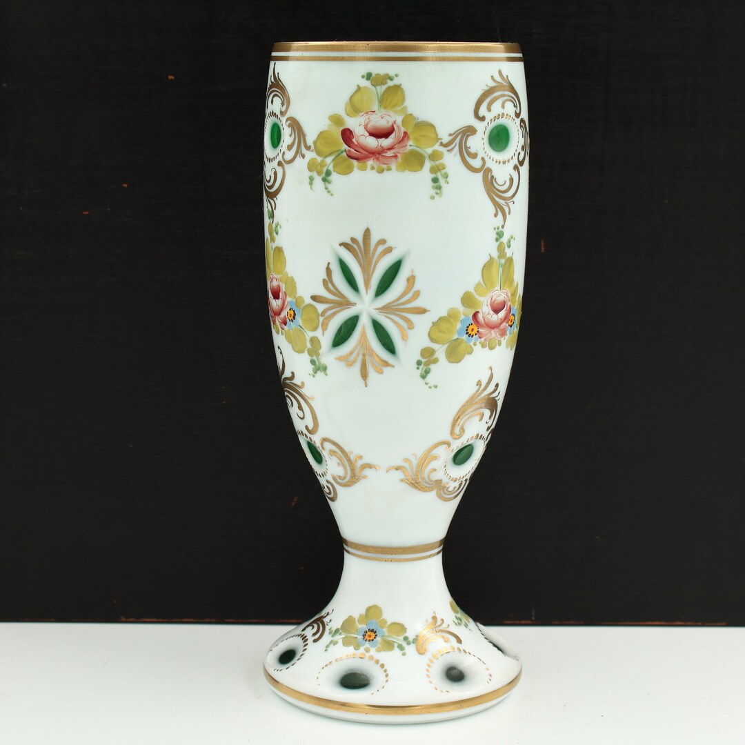 Antique Bohemian Glass Vase Overlay Opaline on Green, 20.5cm High - Etsy