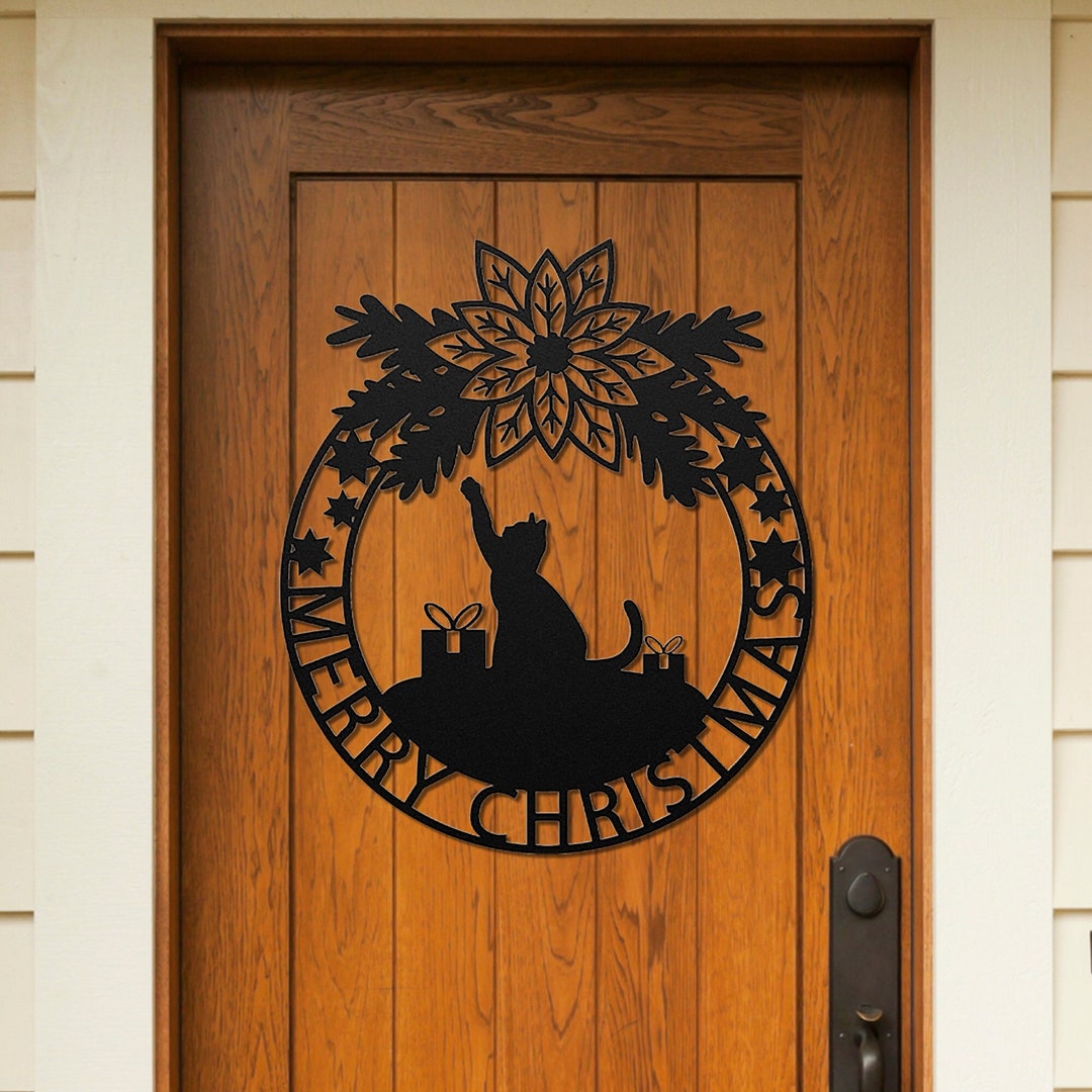 Cat Wreath Cat Christmas Wreath Black Cat Decor Merry - Etsy