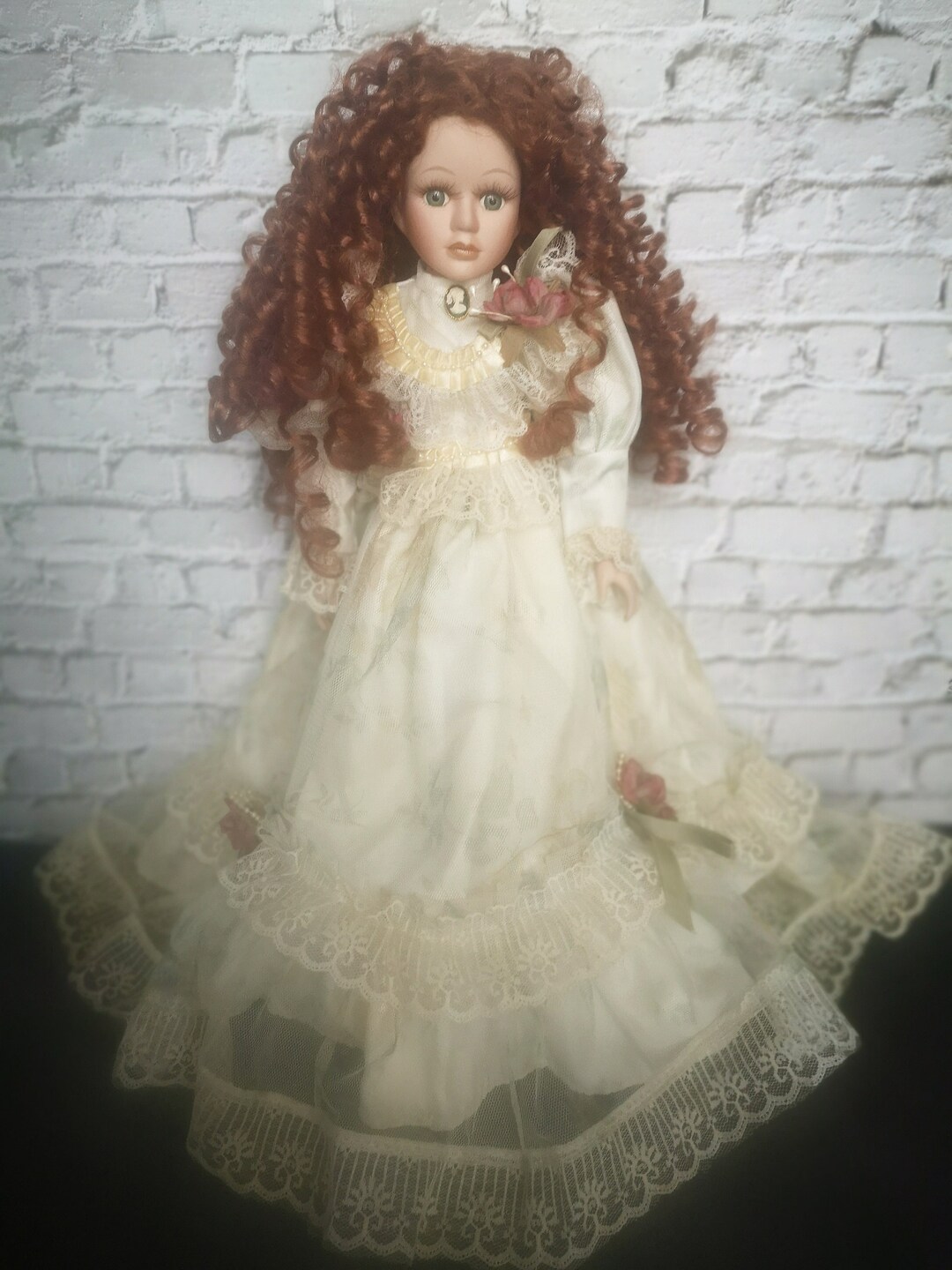 Vintage Porcelain Doll in Elegant White Lace Dress, Doll With Luxurious ...