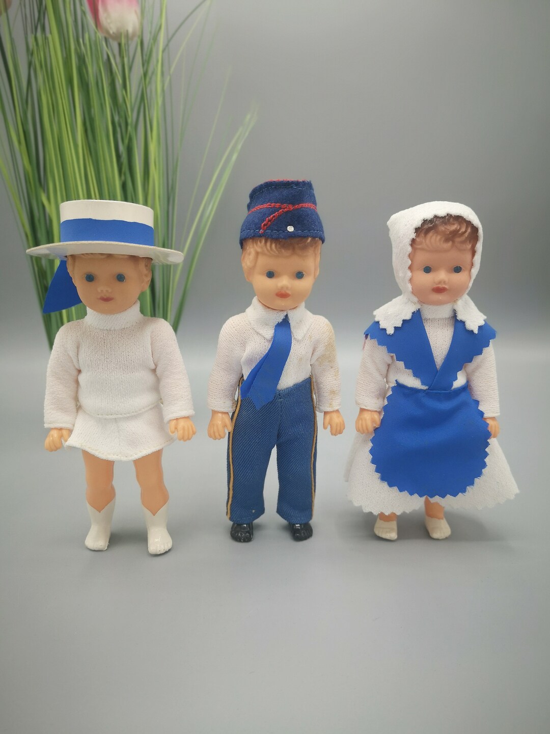 Vintage Plastic Dolls in White and Blue Outfits, Lot of 1960s Plastic ...