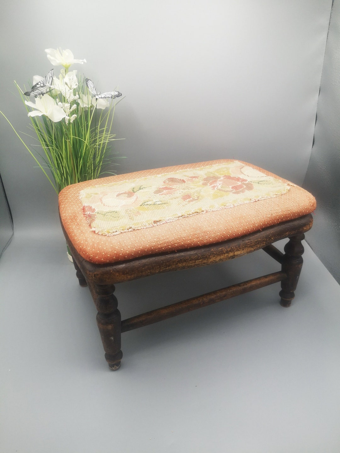 Vintage Wooden Footstool, Cat Stool, Vintage Rustic Stool, Tapestry ...