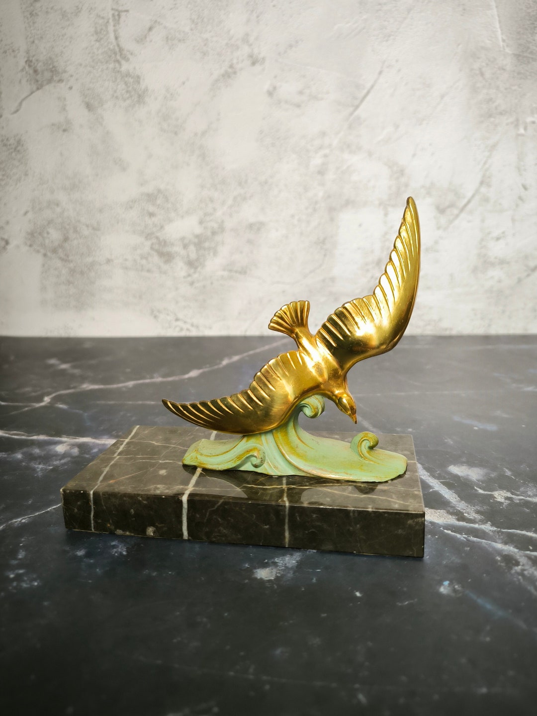 Vintage Art Deco Statuette With a Seagull Over a Wave on a Marble Base ...