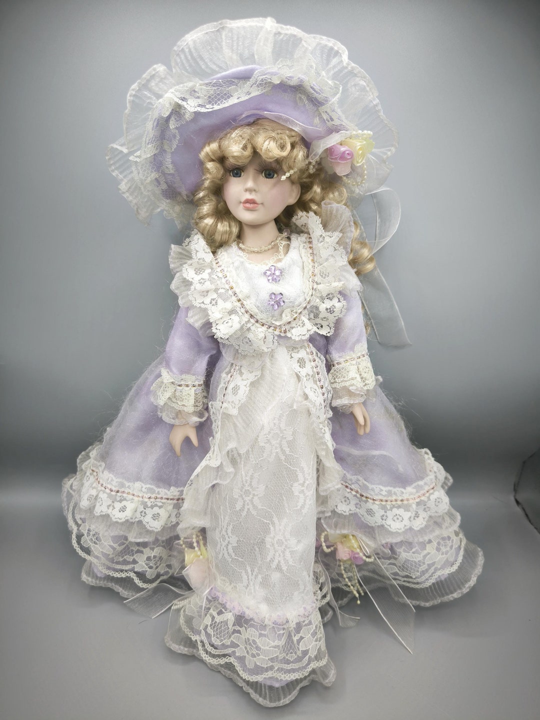 Vintage Victorian Doll in Bouffant Dress and Huge Hat, Porcelain Blonde ...