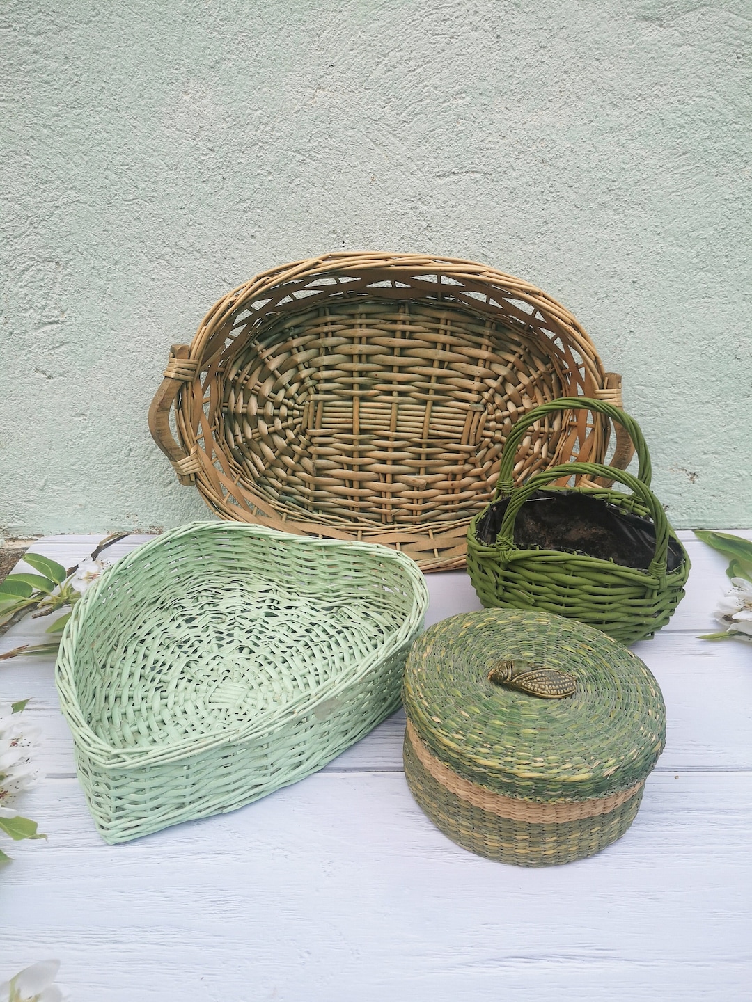 Vintage Wicker Green Baskets, Vintage French Basket Set, Baskets for ...