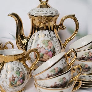 Vintage Porcelain Coffee Set With Gilding and Gallant Scene, Made in ...