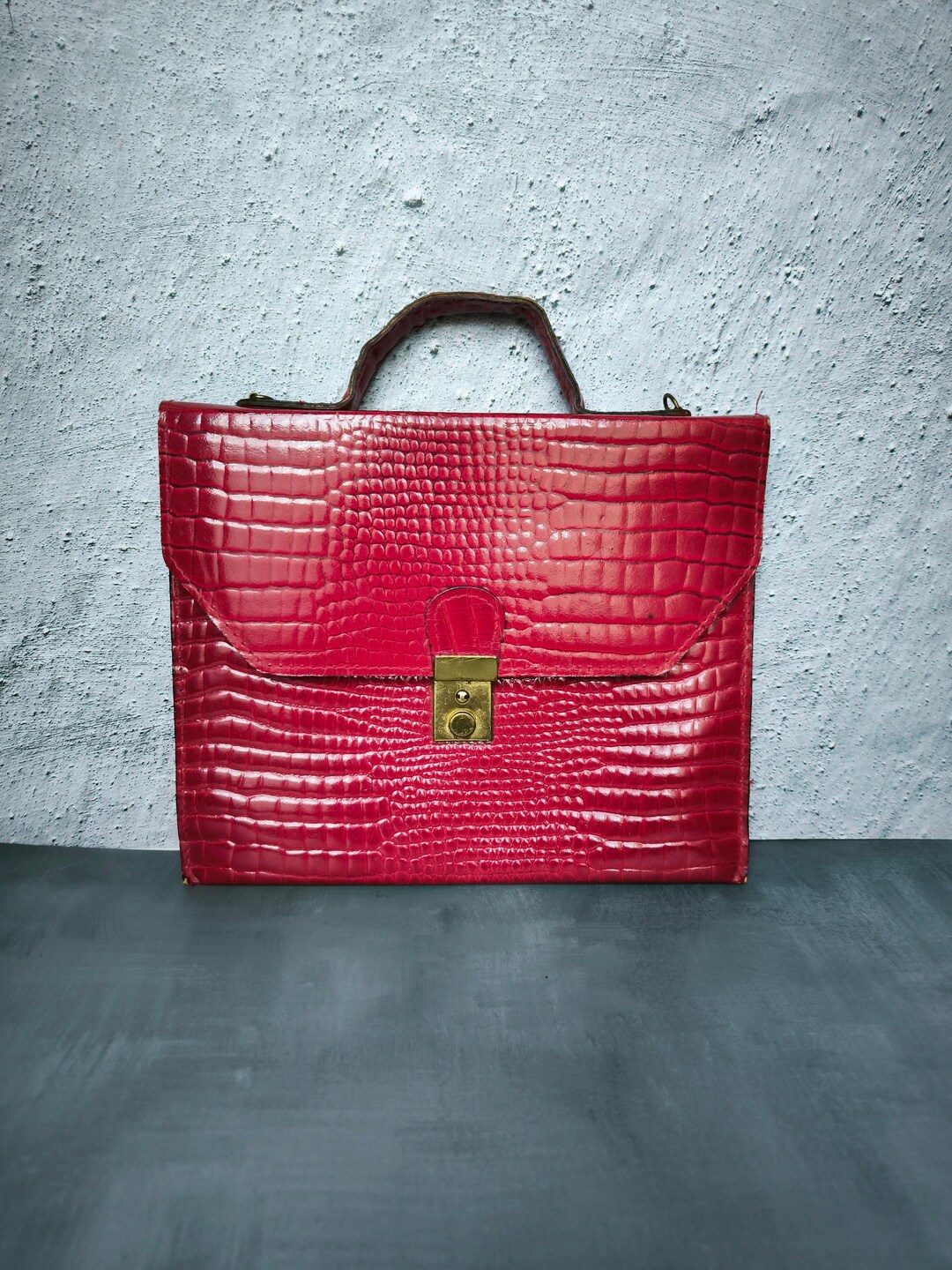 Vintage Bright Red Leather Briefcase, Imitation Crocodile Leather, Chic ...