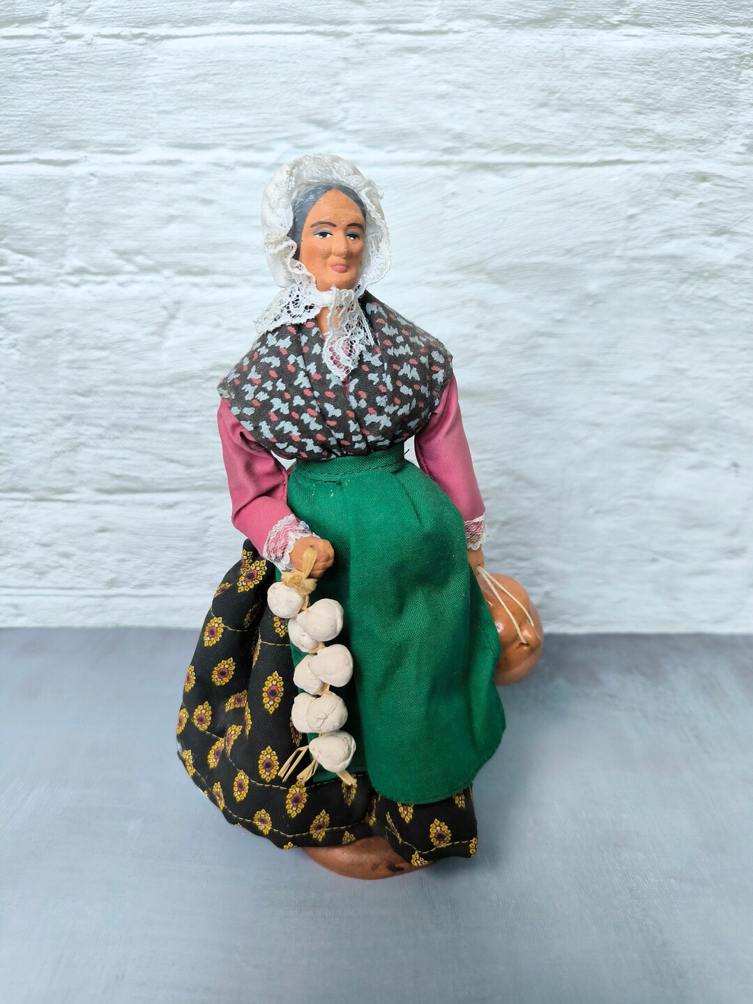 Vintage Clay Figurine Santon De Provence, Old Woman With a Bunch of ...
