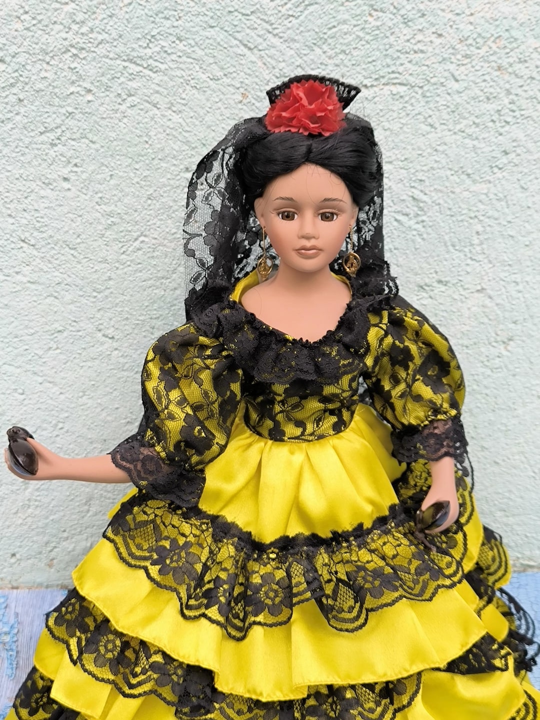 Vintage Porcelain Doll Flamenco Dancer in Yellow Dress With Castanets ...