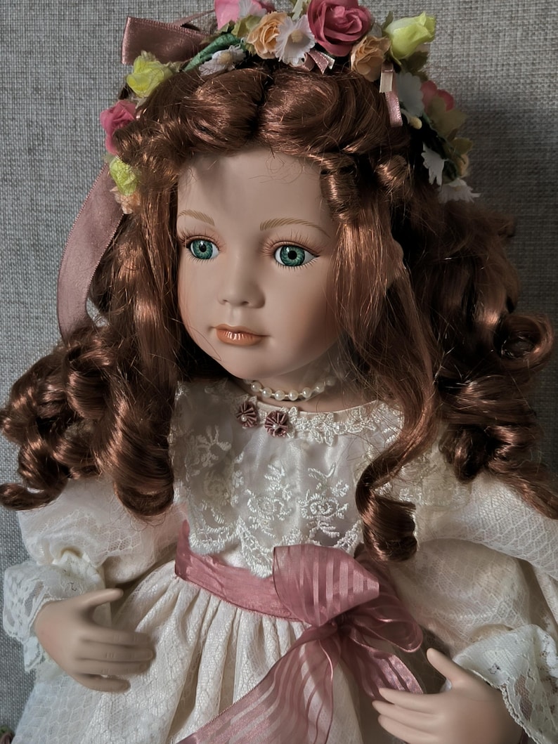 Vintage Large Porcelain Doll With Green Eyes, Doll in Luxurious White ...