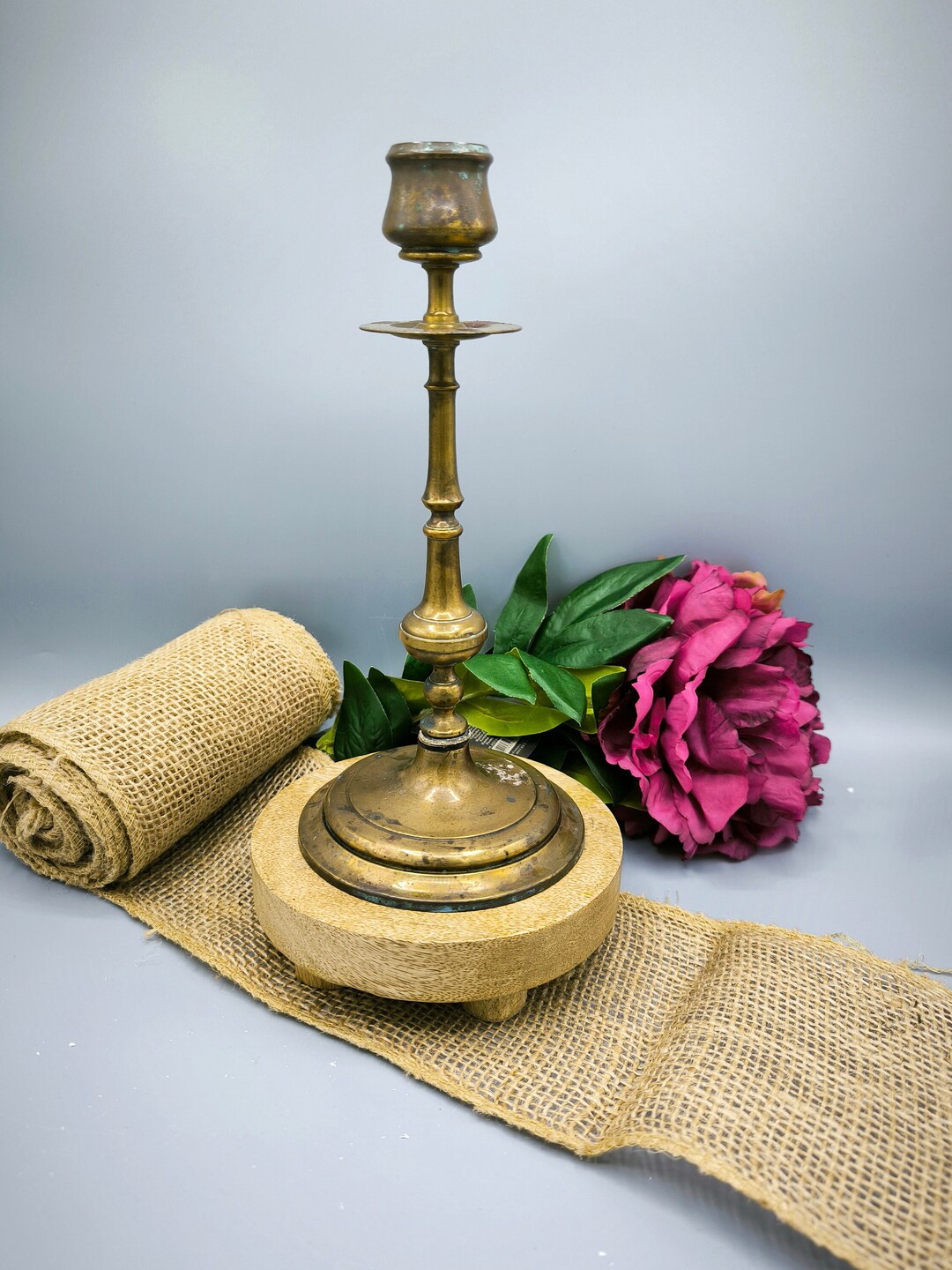 Vintage Large Brass Candle Holder, Heavy Candle Holder With Patina ...