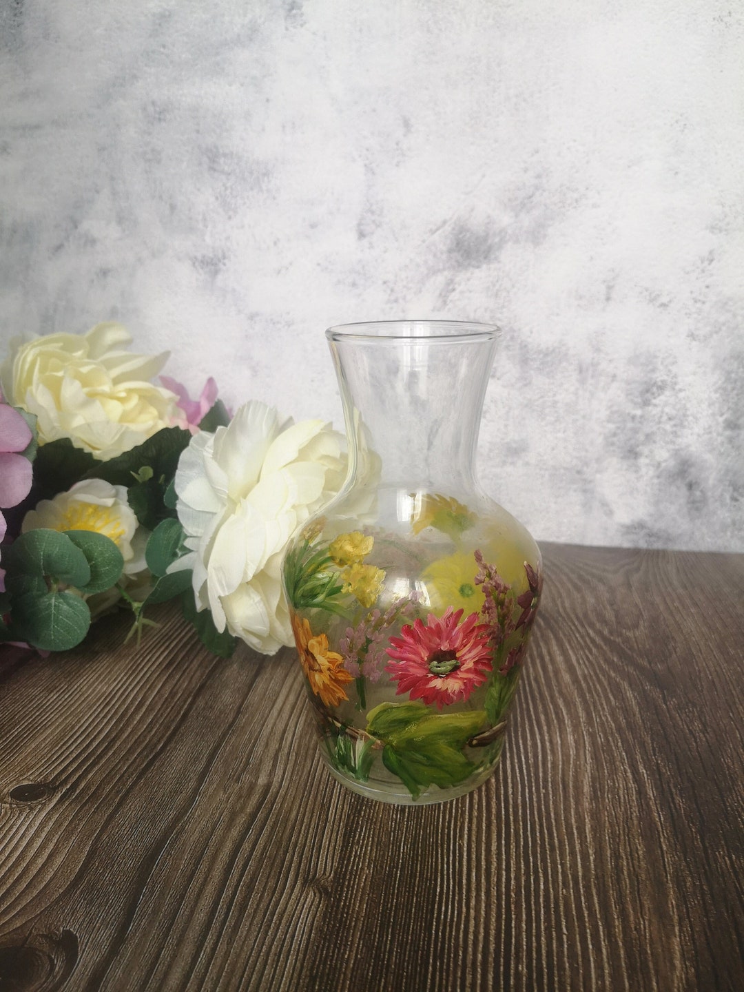 Vintage Small Glass Vase With Hand Painted Flowers, Naive Art, Gift - Etsy