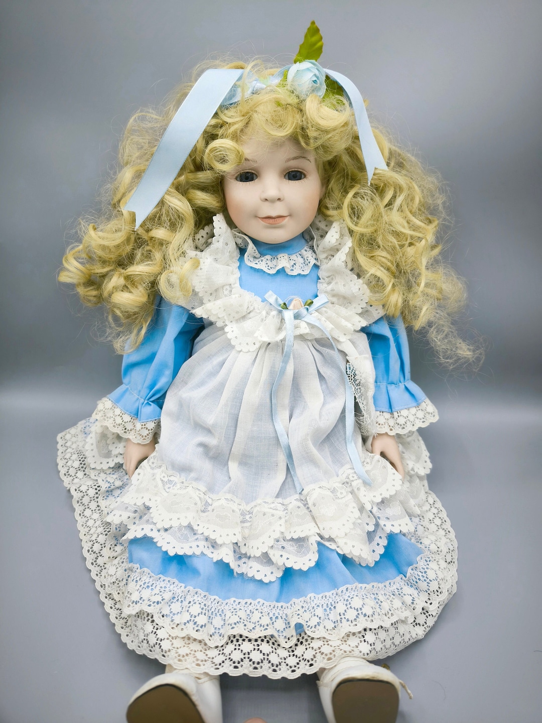 Vintage Porcelain Doll, Beautiful Big Doll With Curly Golden Hair ...
