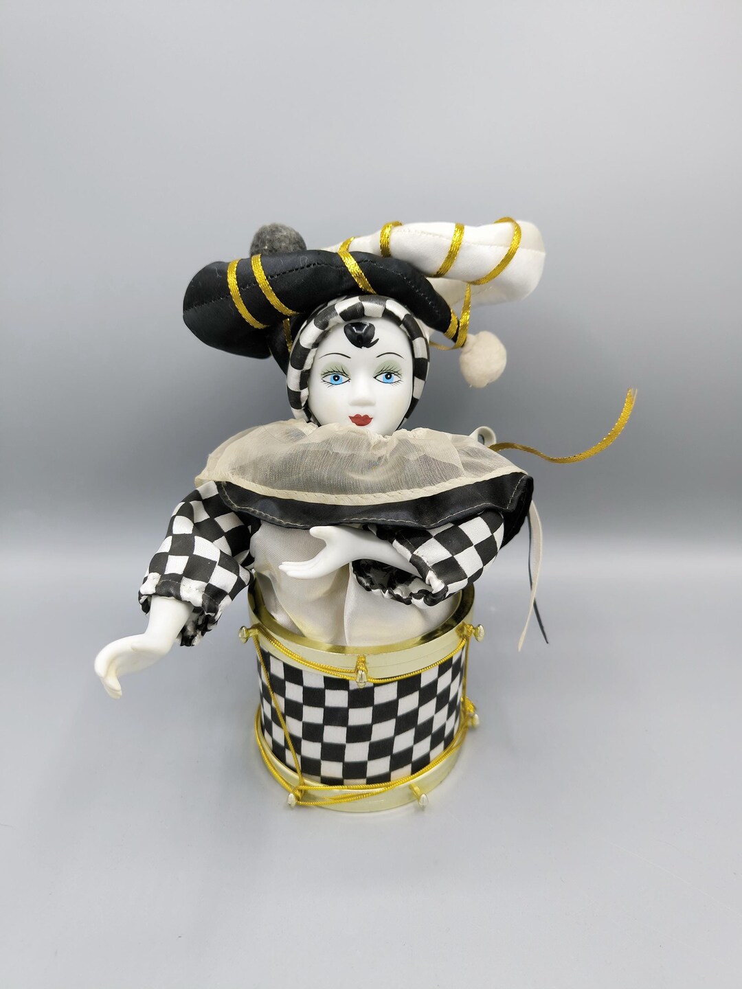 Vintage Wind up Harlequin Sitting on a Drum, Porcelain Wind up Toy ...