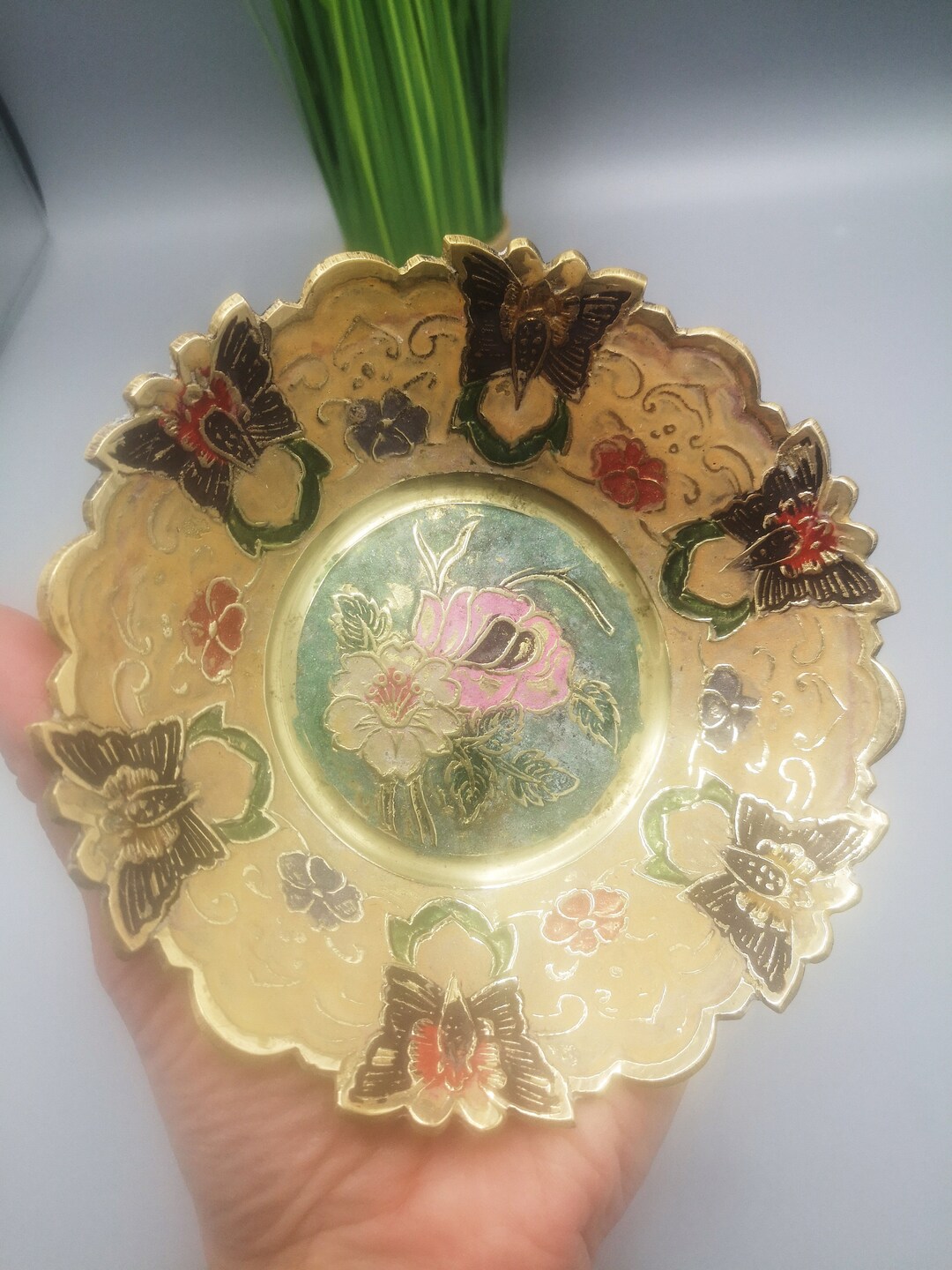 Rare Art Nouveau Antique Dish With Flowers and Butterflies, Brass and ...