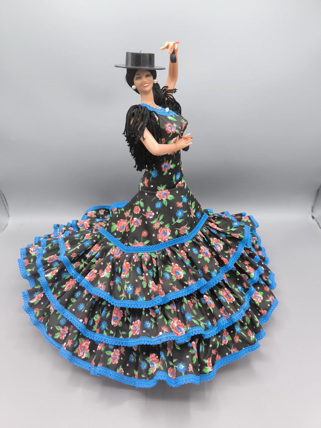 Vintage Marin Chiclana in Black Dress With Flowers and Hat 1960s ...