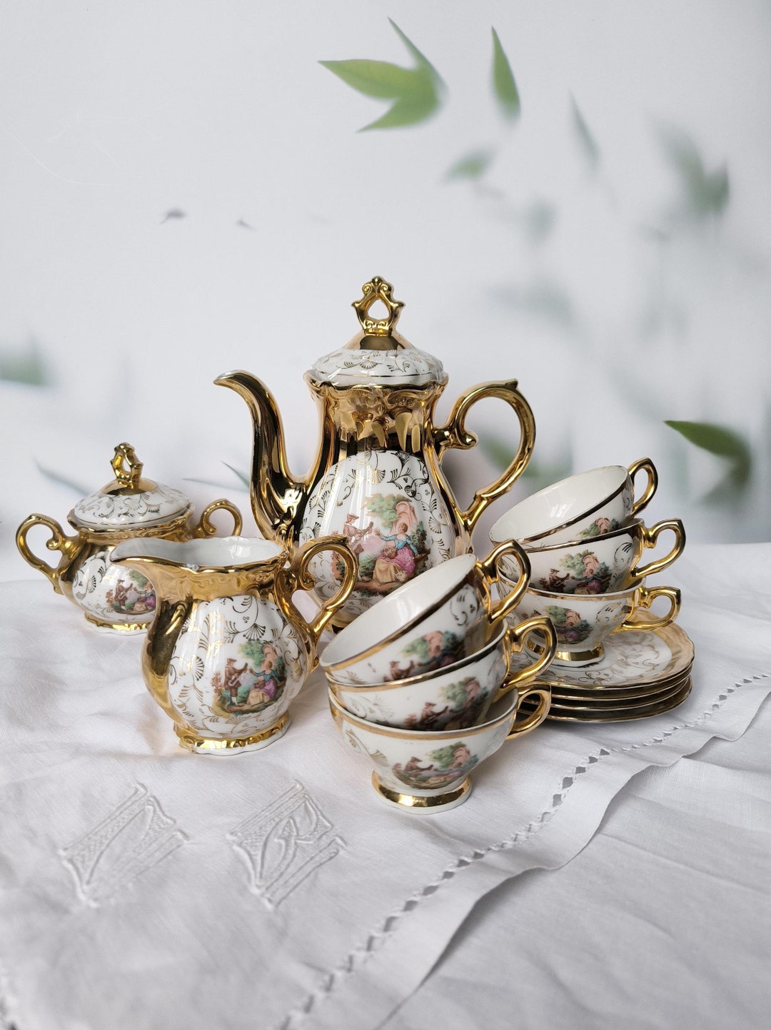 Vintage Porcelain Coffee Set With Gilding and Gallant Scene, Made in ...