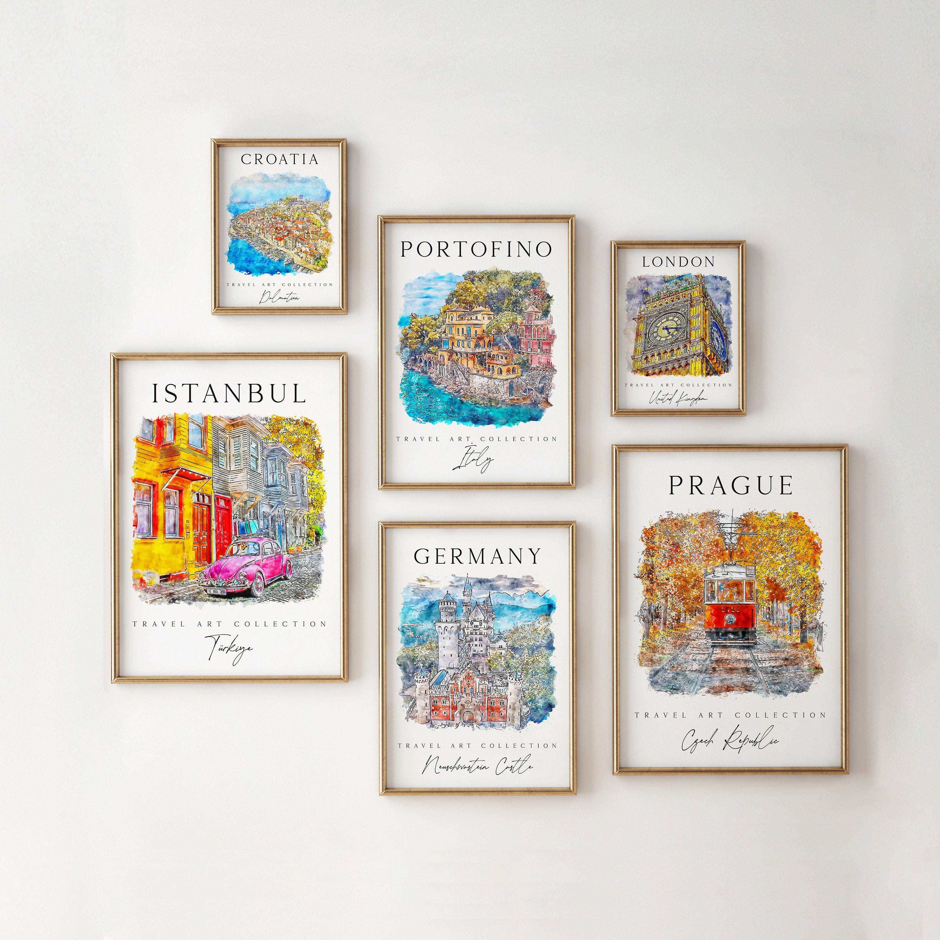 World Travel Art Prints, Watercolor Travel Gallery Set, City ...