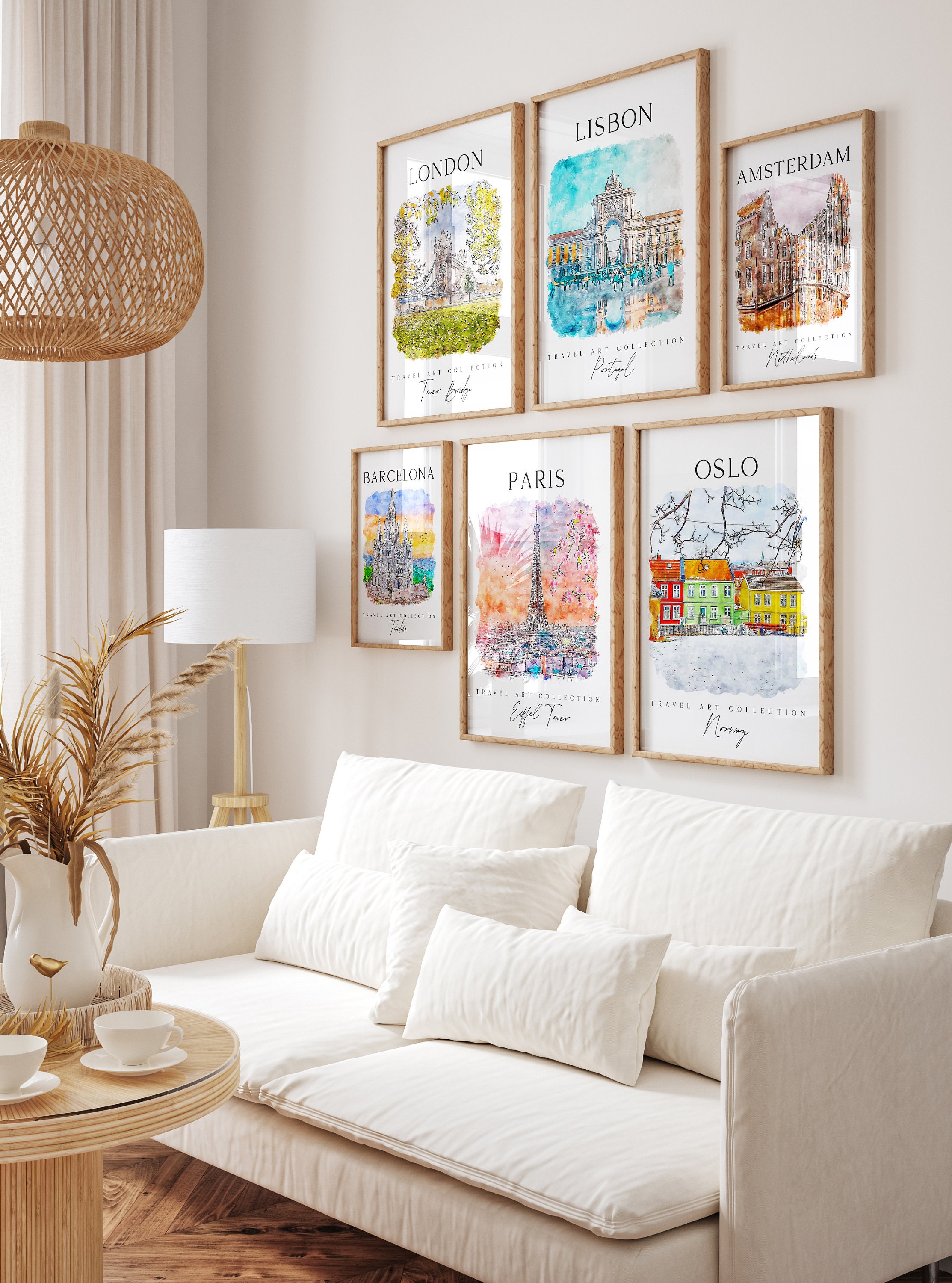 World Cities Travel Print Art Set, 20 Watercolor Touristic Gallery Set ...