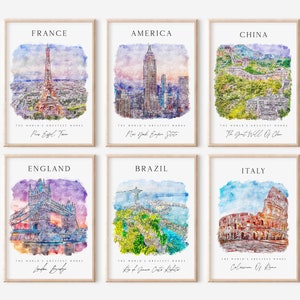 Mega World Travel Printable Art Set, 24 Watercolor Travel Gallery Set ...