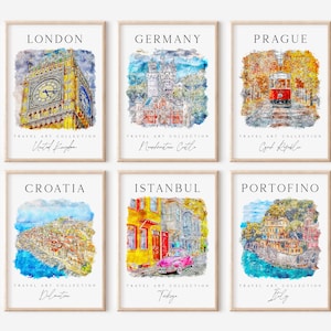 Mega World Travel Printable Art Set, 24 Watercolor Travel Gallery Set ...