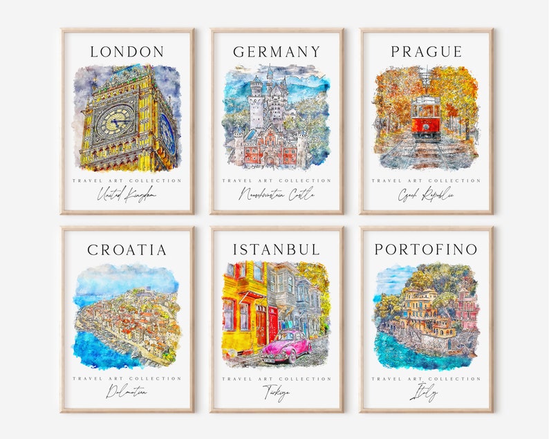 Mega World Travel Printable Art Set, 24 Watercolor Travel Gallery Set ...