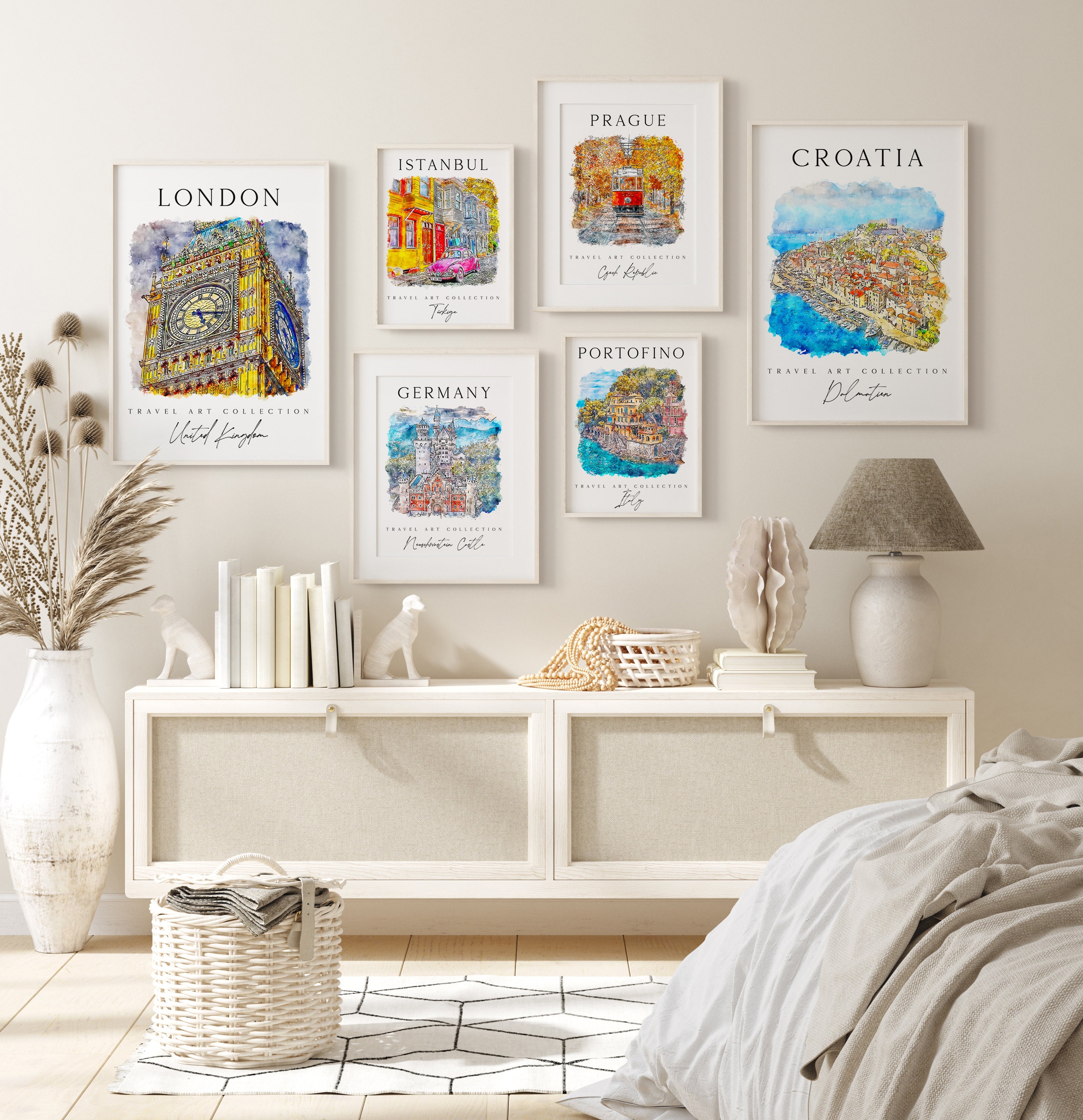World Travel Art Prints, Watercolor Travel Gallery Set, City ...