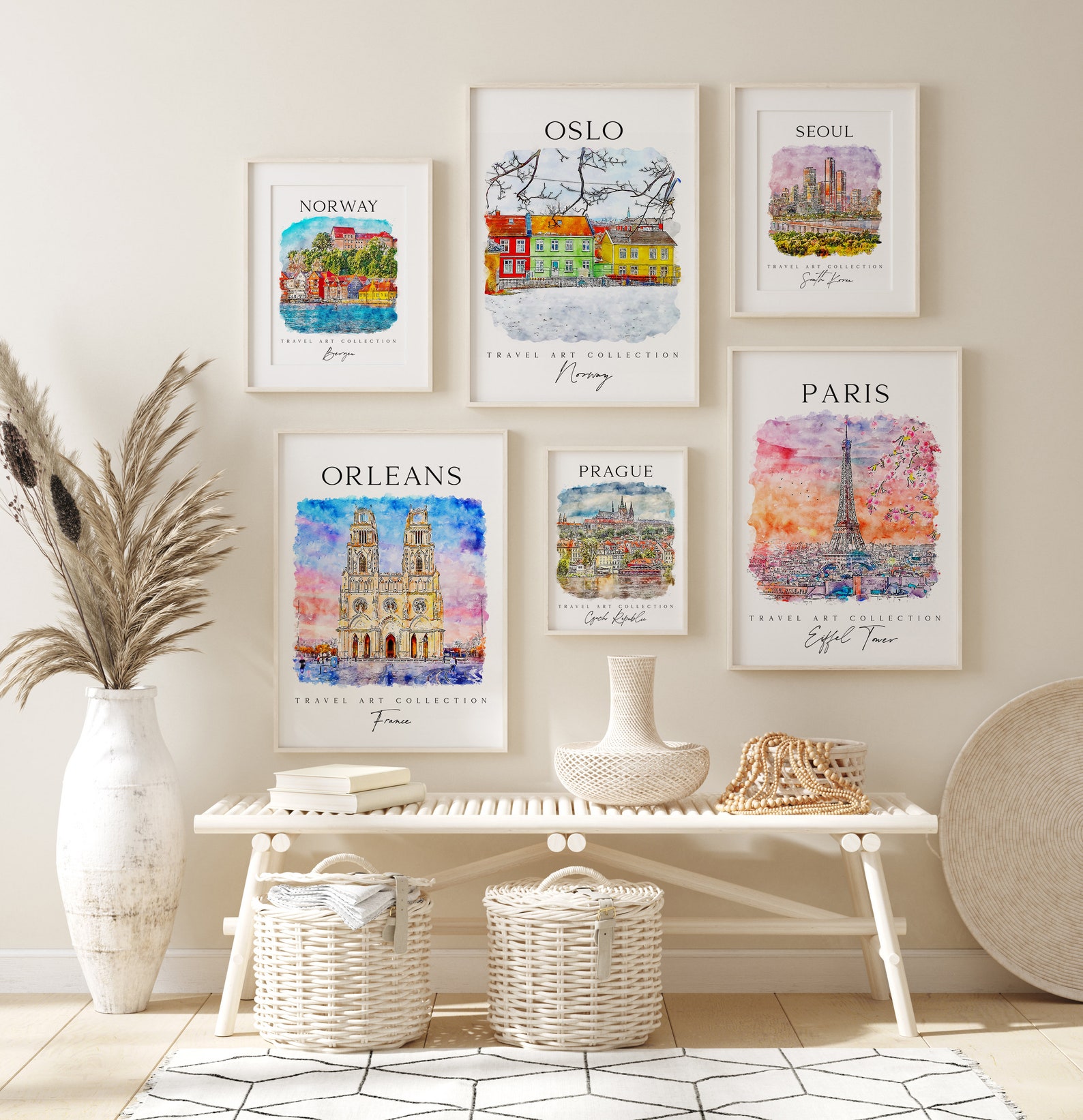 World Cities Travel Print Art Set, 20 Watercolor Touristic Gallery Set ...