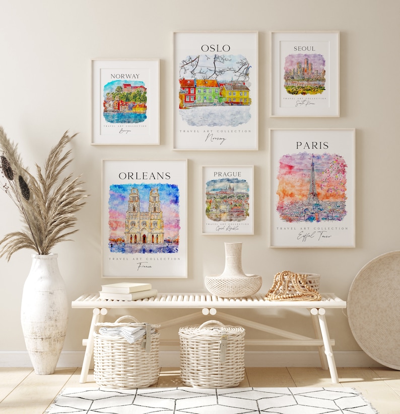 World Cities Travel Print Art Set, 20 Watercolor Touristic Gallery Set ...