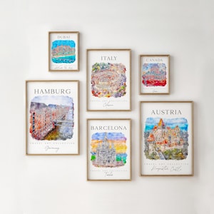 World Cities Travel Print Art Set, 20 Watercolor Touristic Gallery Set ...