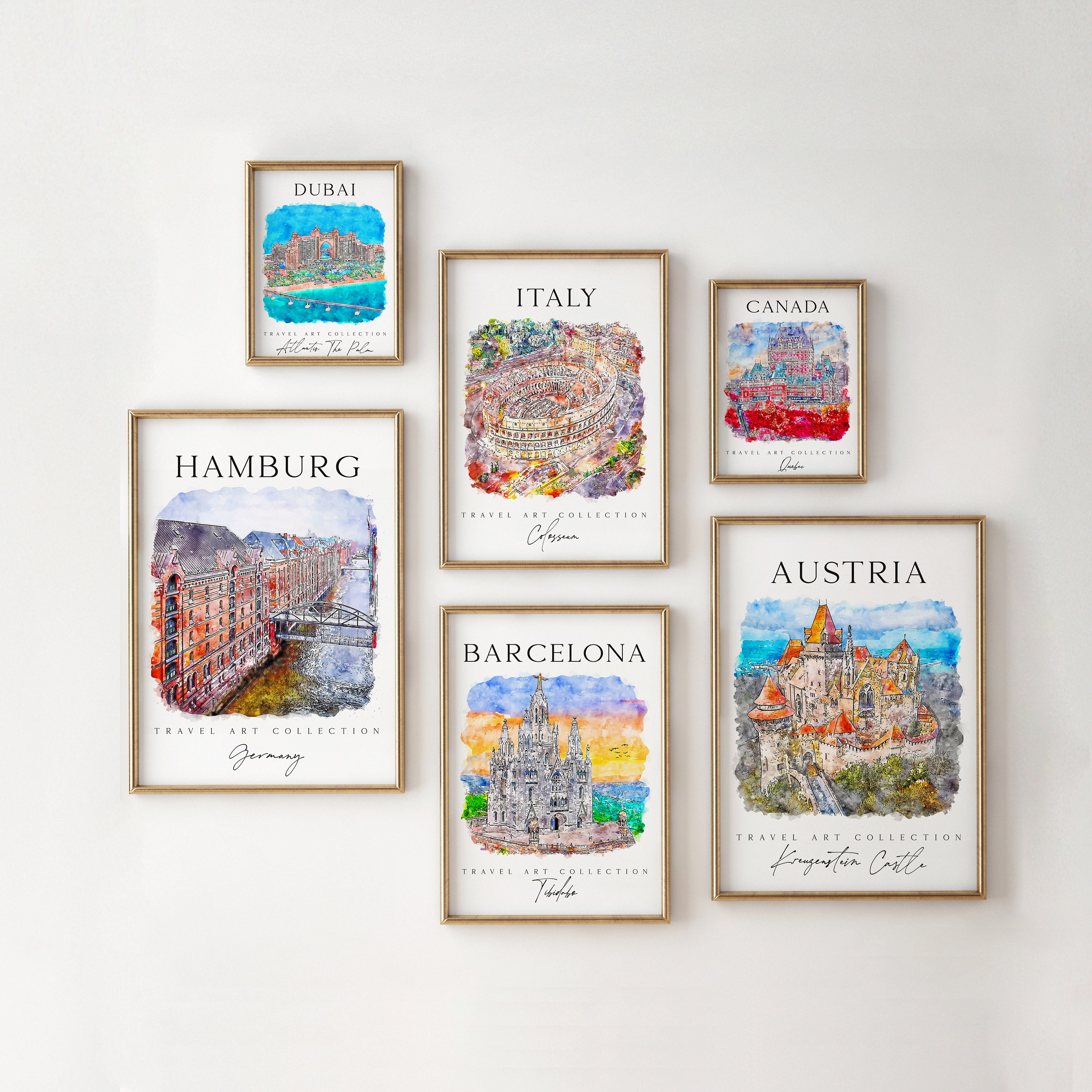 World Cities Travel Print Art Set, 20 Watercolor Touristic Gallery Set, Colorful City Printable ...