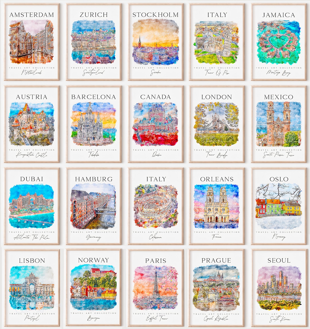 World Cities Travel Print Art Set, 20 Watercolor Touristic Gallery Set ...