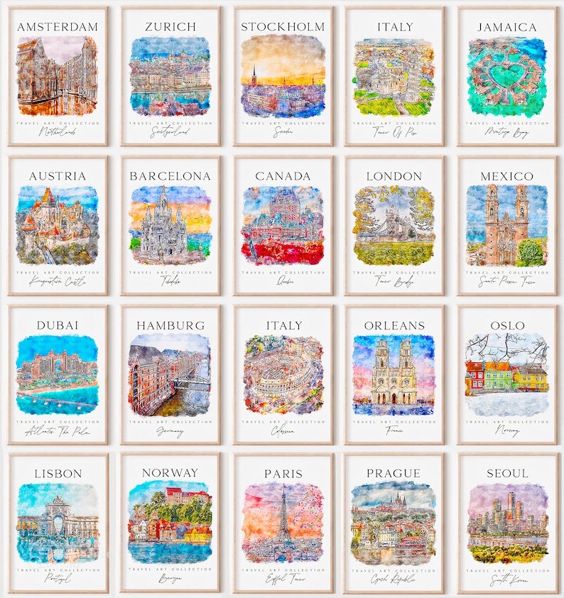 World Cities Travel Print Art Set, 20 Watercolor Touristic Gallery Set ...
