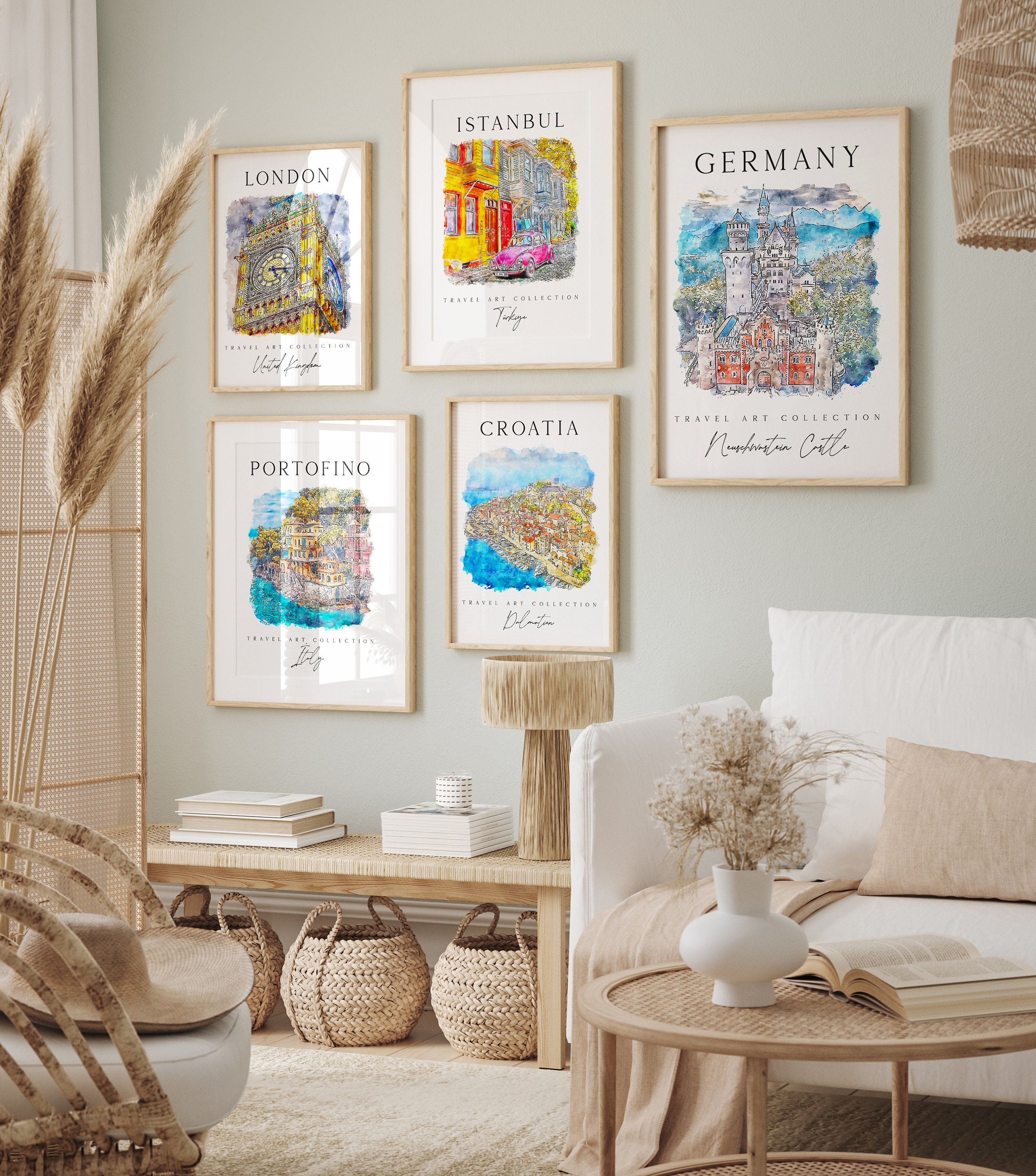 World Travel Art Prints, Watercolor Travel Gallery Set, City ...