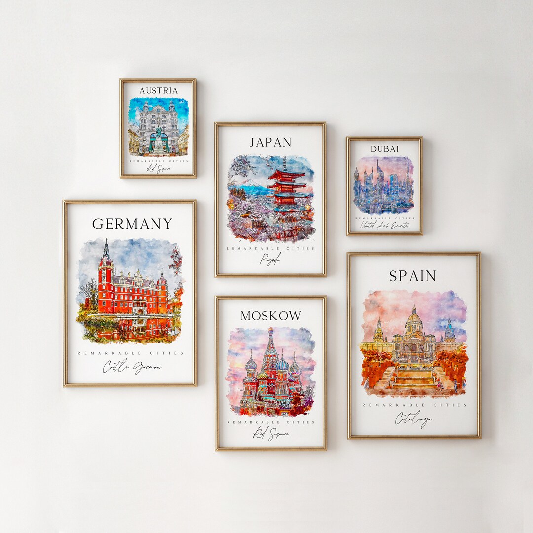 Watercolor Travel Prints, Travel Colorful Gallery Set, City ...